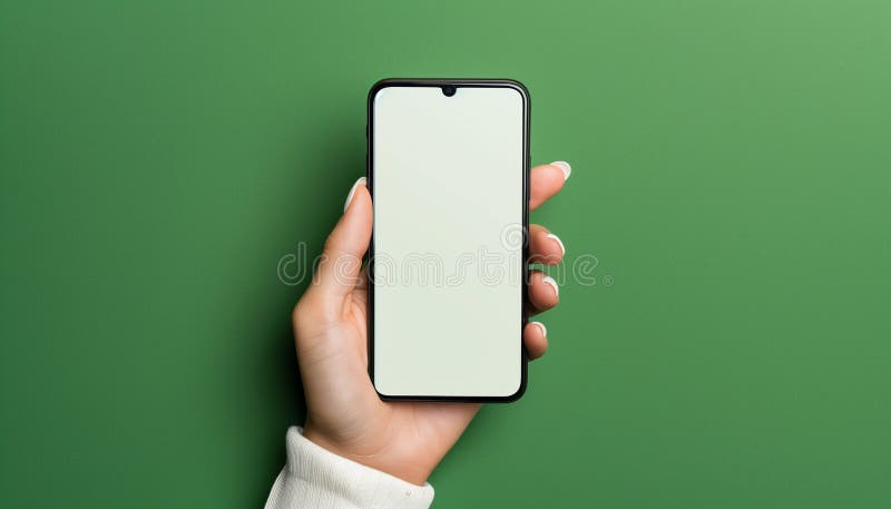 Hand Holding Blank Smartphone Mockup on Green. AI Generated. Stock ...