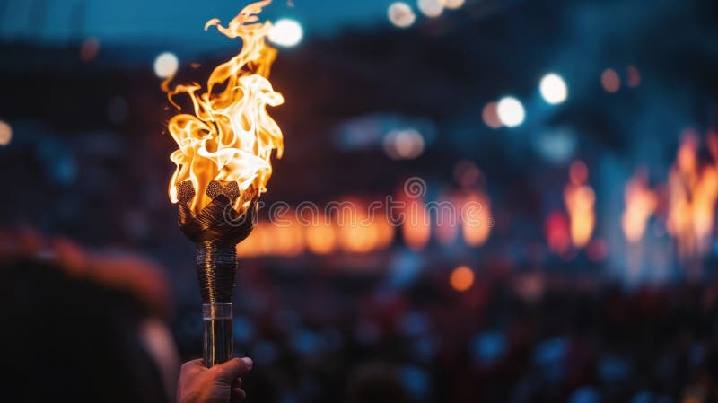 Hand Holding a Blazing Torch Aloft with a Blurred Crowd and Evening ...