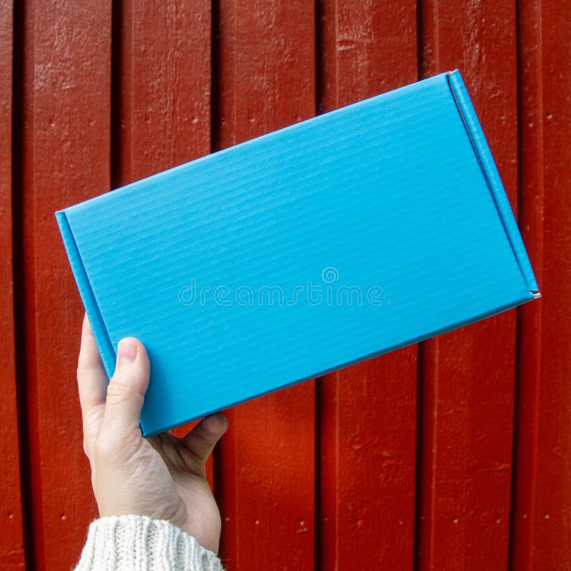 Hand Holding Blue Box Against Red Wall Stock Image - Image of organize ...