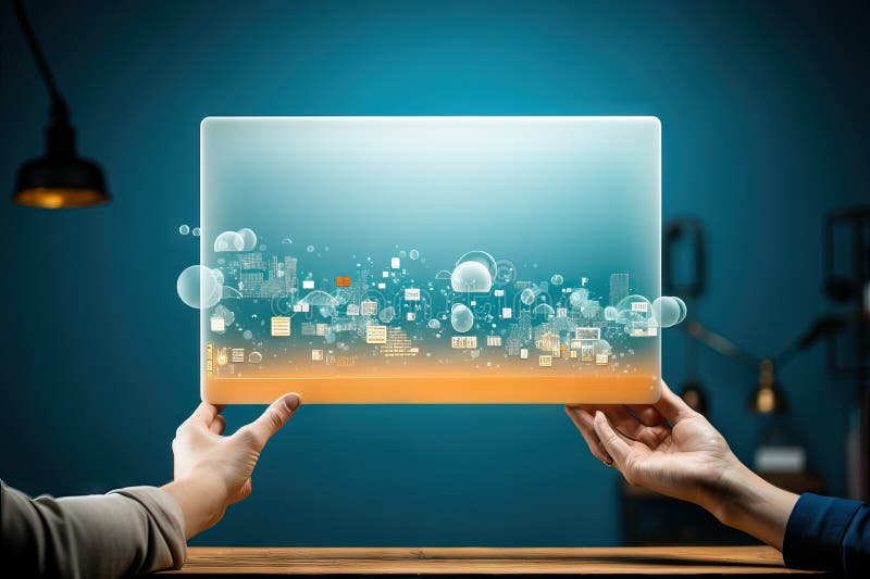 Hand Holding Blue Computer Software Window, Paper Speech Bubble Stock ...