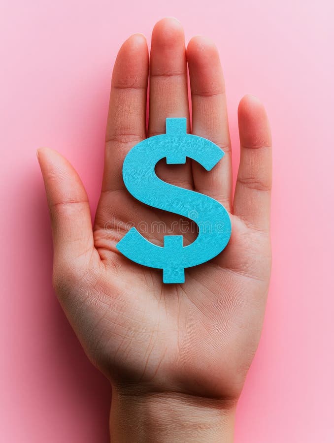 Hand Holding a Blue Dollar Sign on a Pink Background. Stock Photo ...