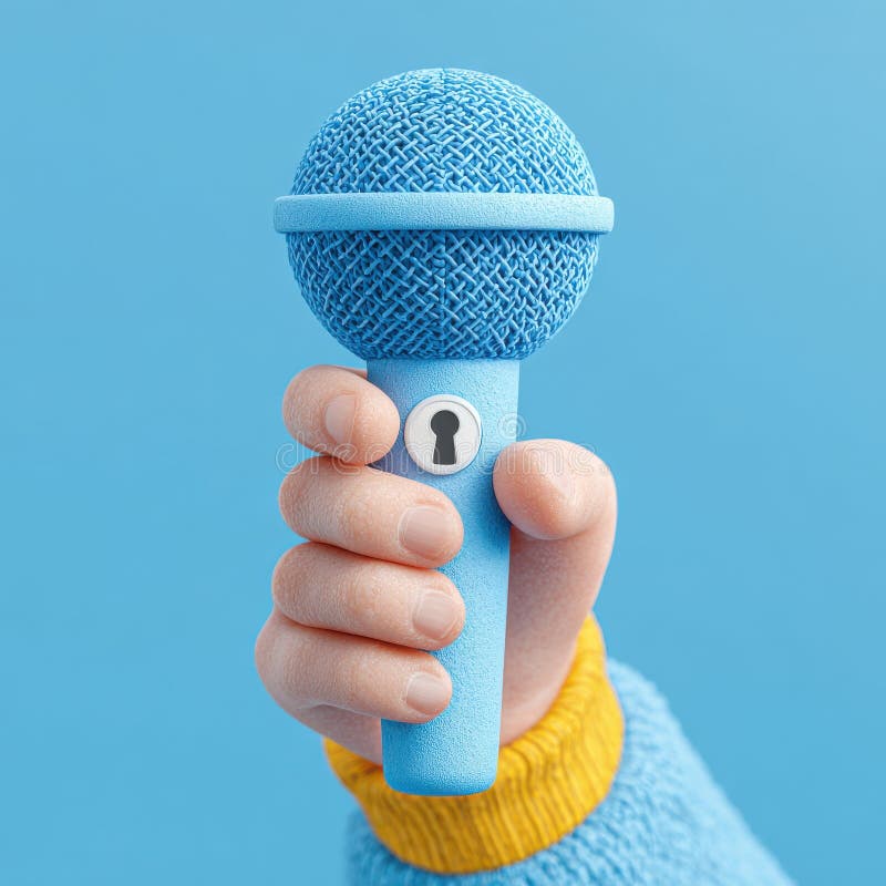 Hand Holding Blue Microphone with Keyhole Against Solid Background ...