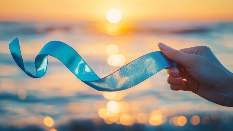 Hand Holding Blue Ribbon at Sunset Ocean Stock Illustration ...