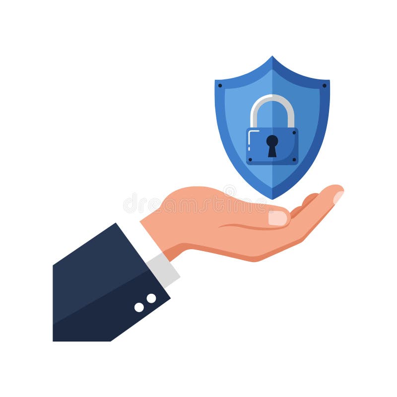 Hand Holding a Blue Shield with a Padlock Symbol in Flat Vector ...