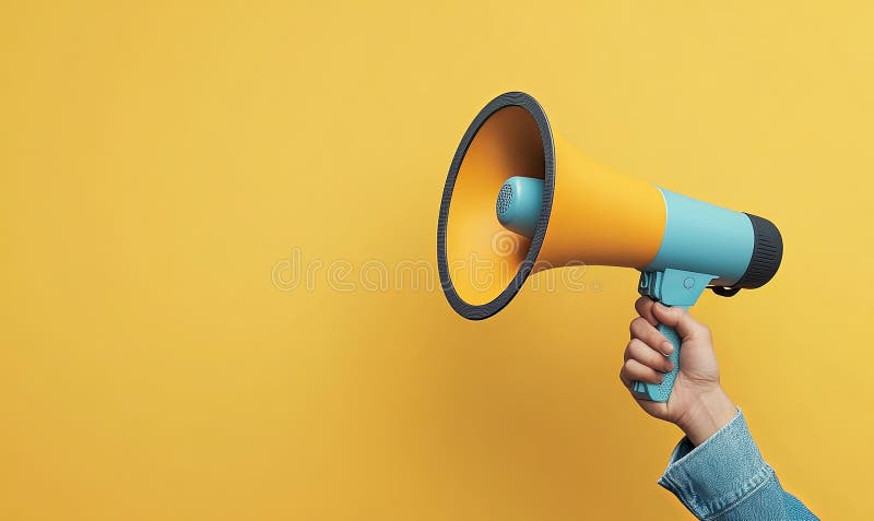 A Hand Holding a Blue and Yellow Megaphone Against a Bright Yellow ...