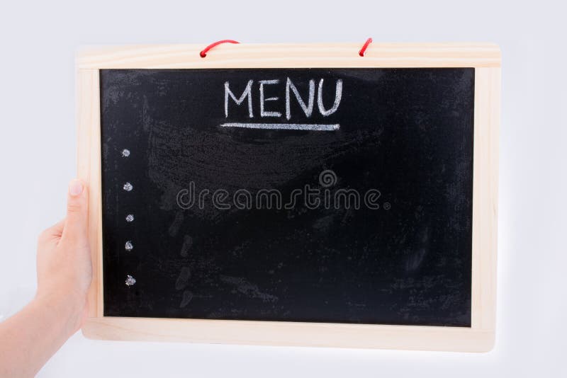 Hand Holding Board with the Title of Menu Stock Image - Image of chalk ...