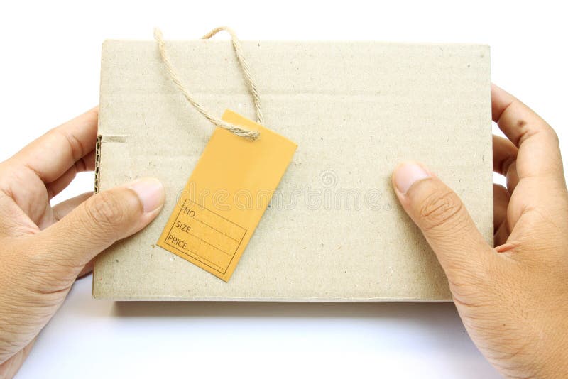 Hand Holding a Box with Brown Empty Paper Tag Stock Image - Image of ...