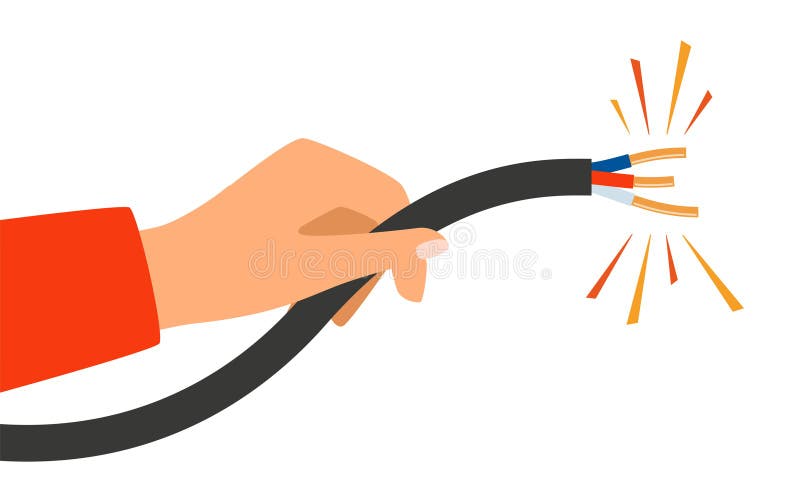 Hand Holding Broken Electrical Cable with Electric Spark. Electric ...