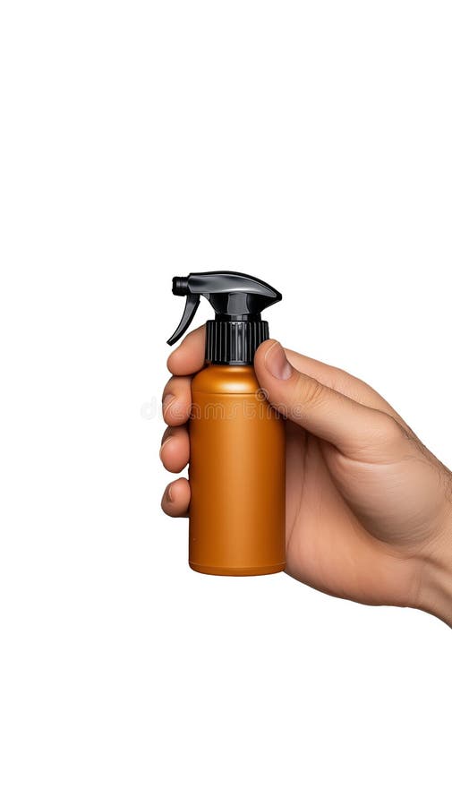 Hand Holding a Brown Spray Bottle with Black Nozzle on Transparent ...