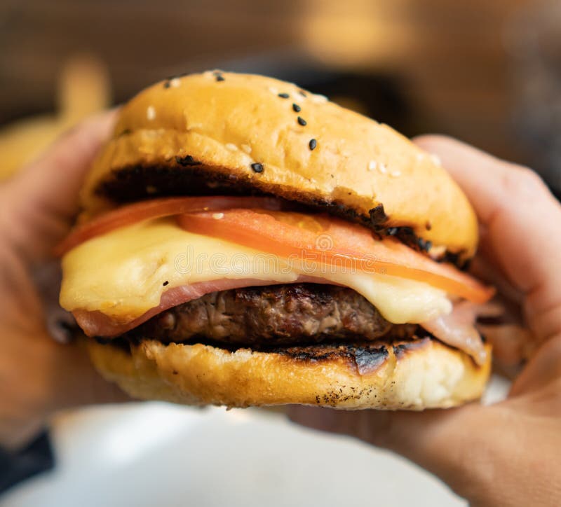 A hand holding a burger stock photo. Image of fresh - 249137366