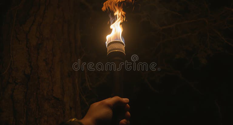 Hand Holding Burning Torch Against Dark Backdrop with Tree Texture ...