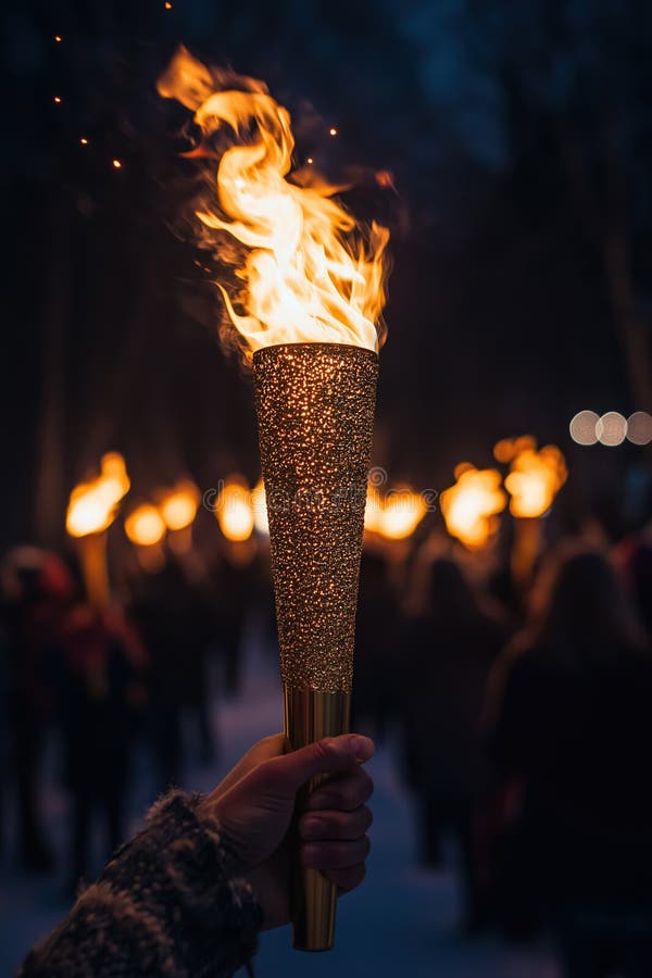 Hand Holding Burning Torch in a Crowd at Night Stock Illustration ...