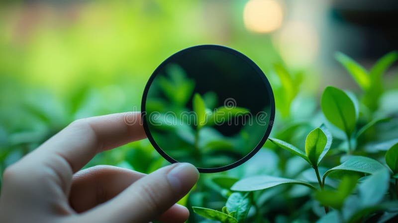 Hand Holding Camera Filter Over Green Leaves, Creative Photography ...