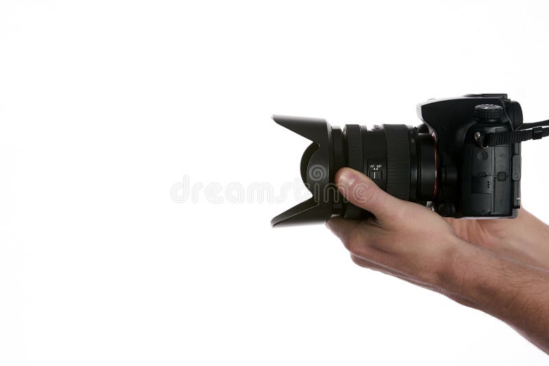 Hand Holding Camera while Isolated on White Stock Photo - Image of ...
