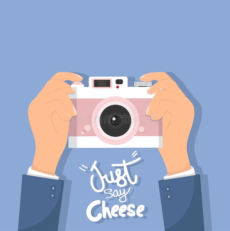 Hand Holding Camera with Just Say Cheese Stock Vector - Illustration of ...