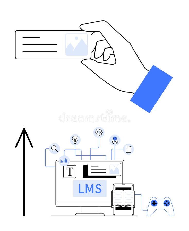 Hand Holding Card with Digital Learning Icons and Upward Arrow ...