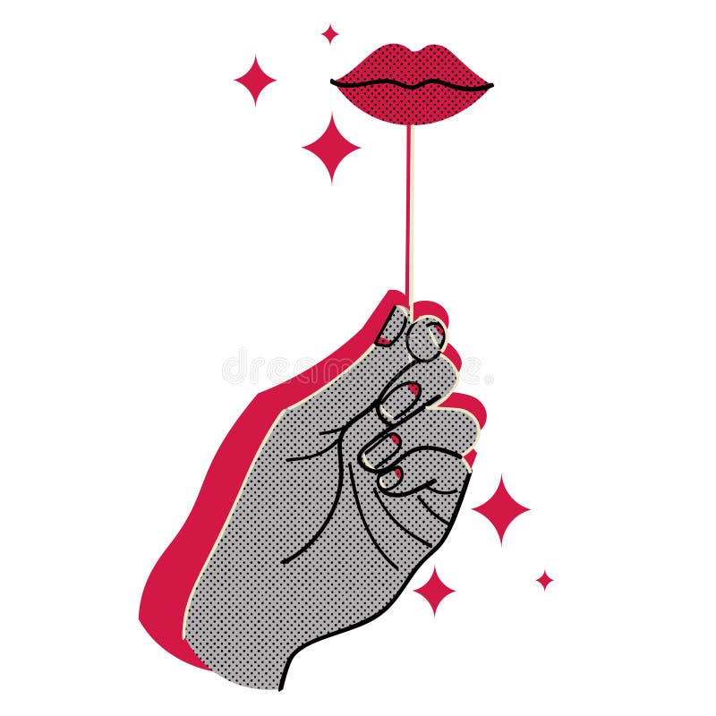Hand Holding Cardboard Lips on Stick Halftone Doodle Sketch Stock ...