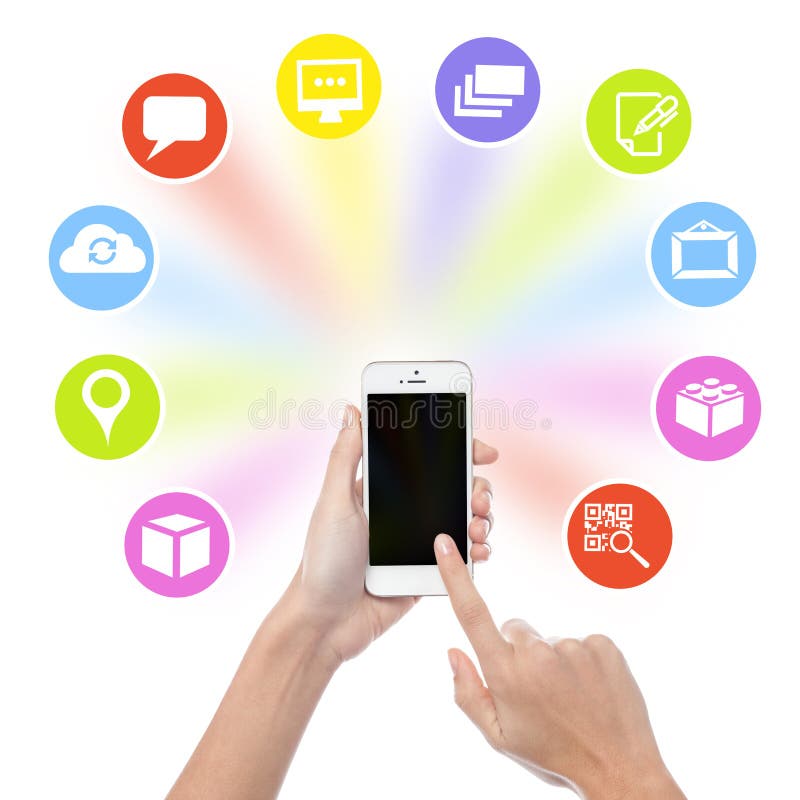 Hand Holding Cell Phone with Application Icons Stock Image - Image of ...