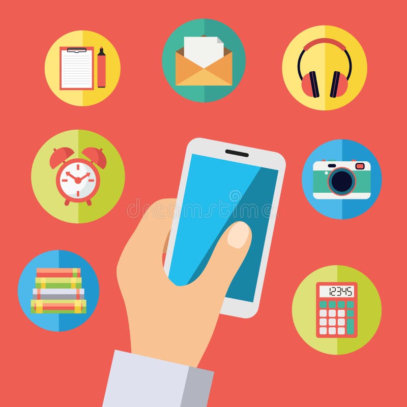 Hand Holding Cell Phone with Icons Stock Vector - Illustration of ...