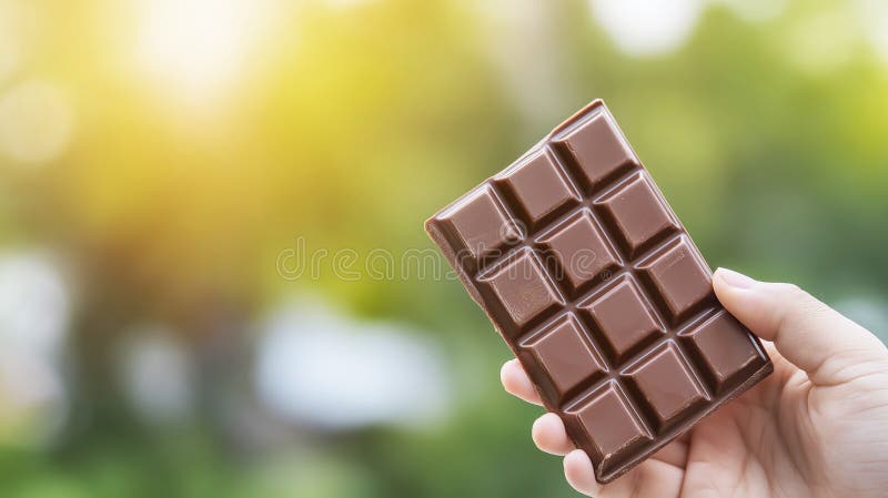 Close-up of a Hand Holding a Delicious Chocolate Bar, with a Blurred ...