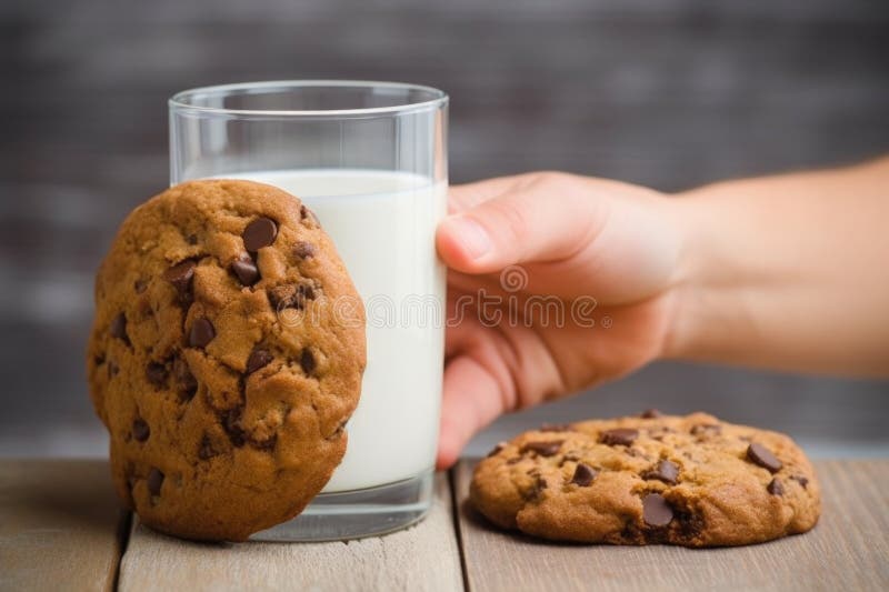 Hand Holding a Chocolate Chip Cookie Over a Glass of Milk Stock Image ...