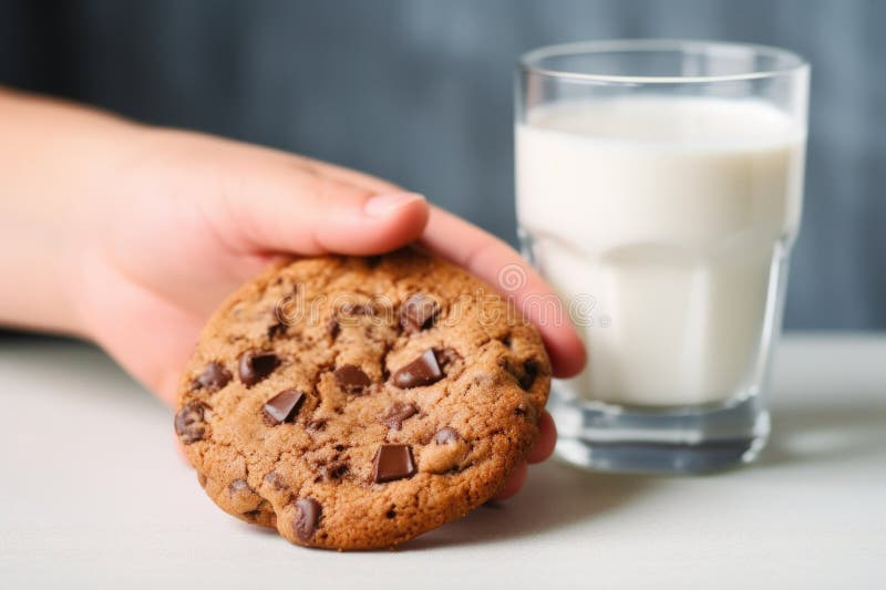 Hand Holding a Chocolate Chip Cookie Over a Glass of Milk Stock Photo ...
