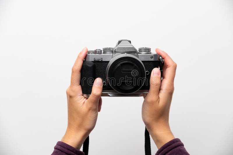 Hand Holding Classic Retro Style Camera in Modern Assembly, on White ...