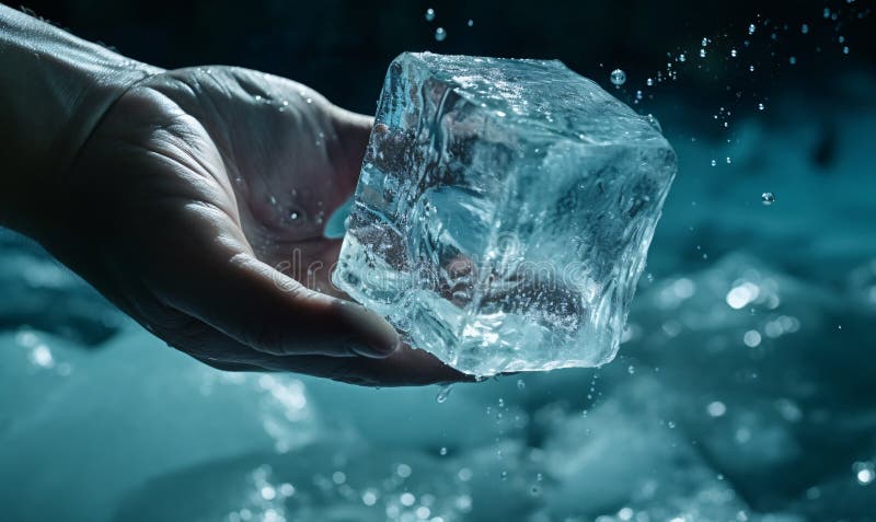 The Hand is Holding a Clean Ice Cube from Which Melted Drops of Water ...