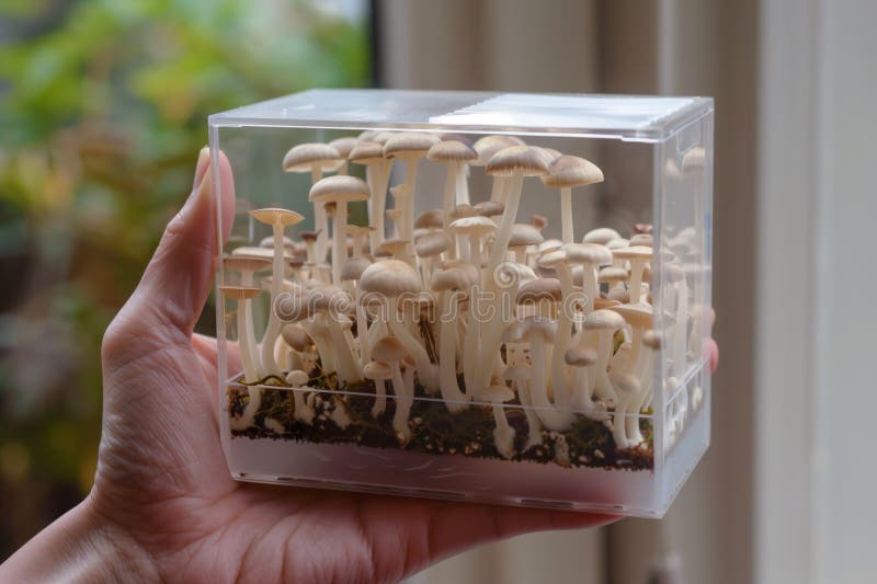 Hand Holding a Clear Box with Mushroom Mycelium Growing Inside Stock ...
