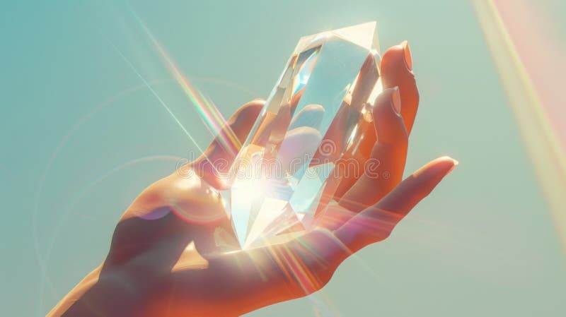 Hand Holding Clear Quartz with Refracting Light Rays Stock Illustration ...