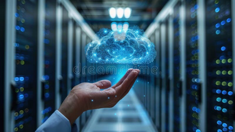 A Hand Holding a Cloud in a Computer Server Room Stock Image - Image of ...