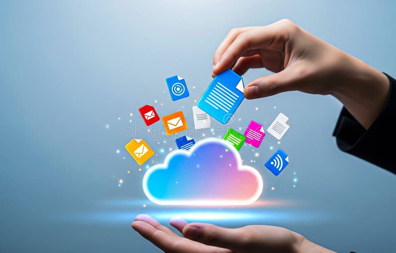 Hand Holding Cloud Icon with Floating File and App Icons. Stock Photo ...