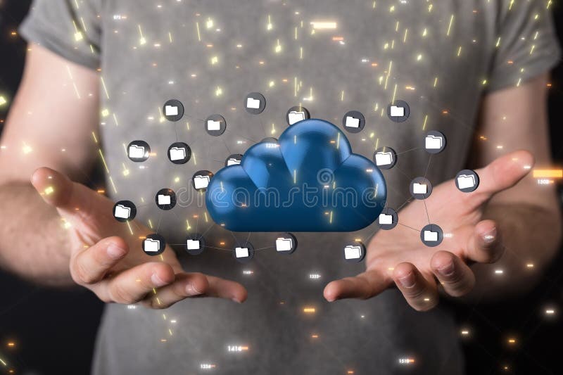 Hand Holding a Cloud with Linked Folders. Server, Internet ...