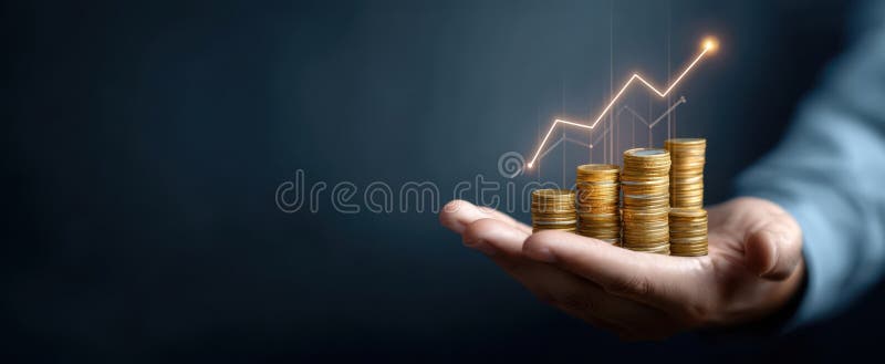 The Hand Holding Coins with a Growing Financial Graph Visualization ...