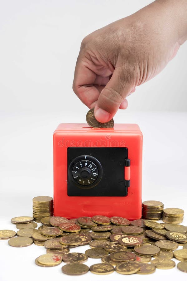 Coins and Put into Red Safe Box Stock Photo - Image of open, bright ...