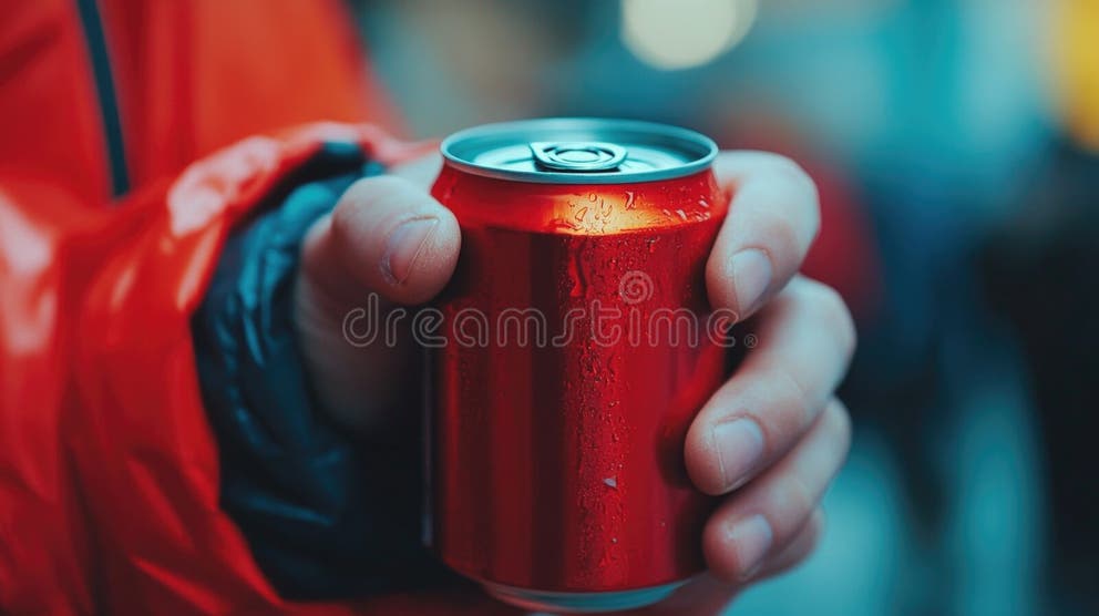 Hand Holding Cold Red Beverage Can in Winter Jacket Stock Image - Image ...