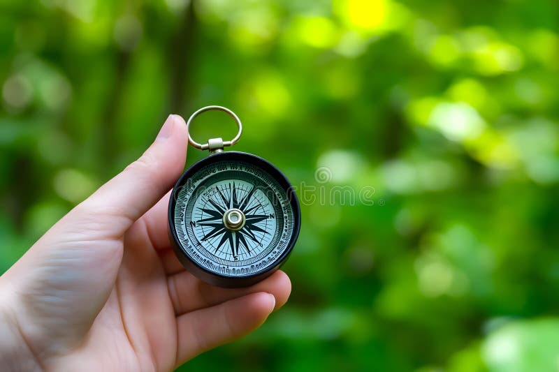 Hand Holding Compass Green Forest Outdoors Stock Illustration ...