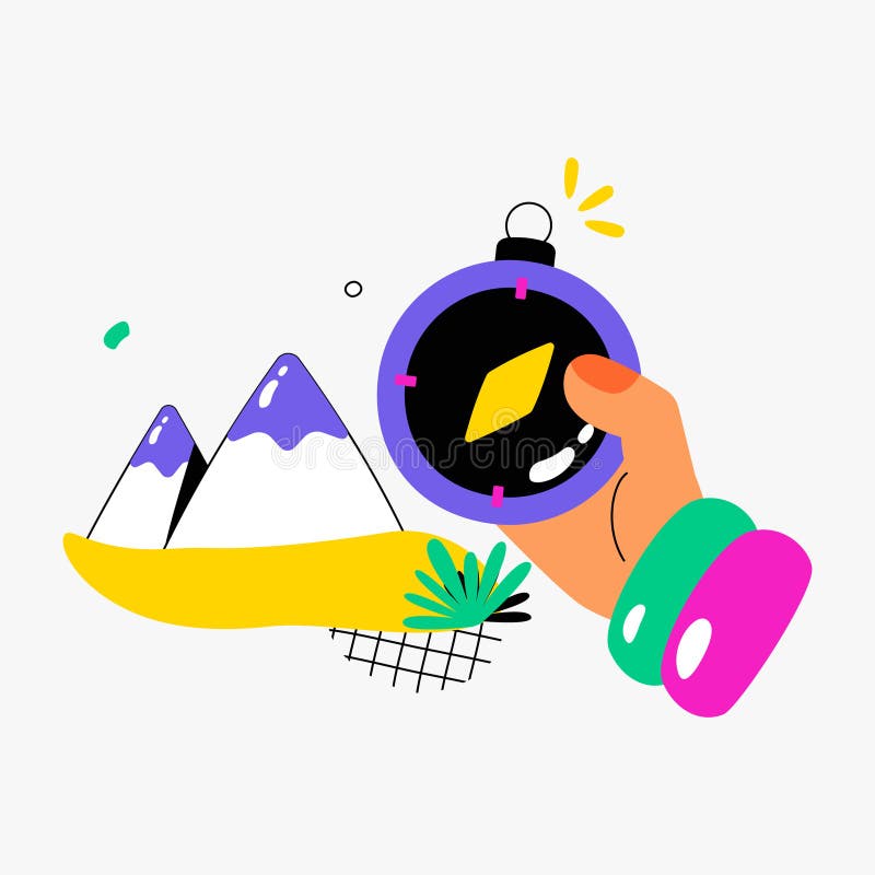 Hand Holding Compass and Mountain Scene in Flat Vector Illustration ...