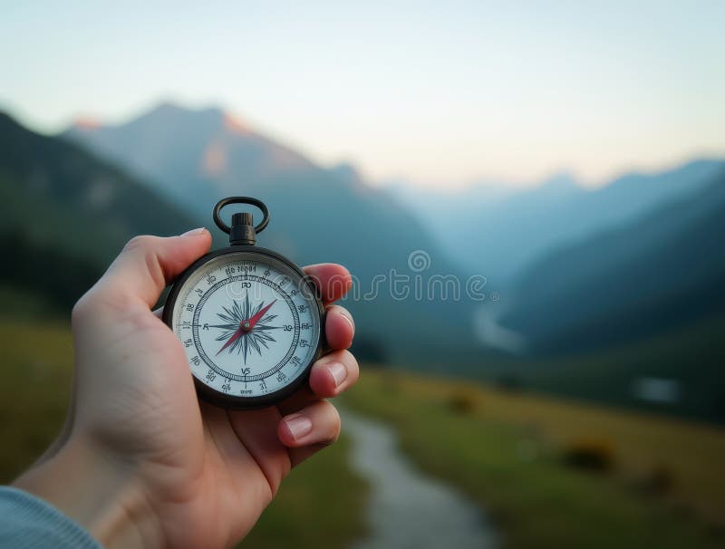 Hand Holding Compass Navigating Mountain Landscape at Sunset Stock ...