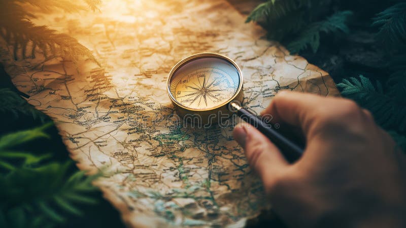 A Hand Holding a Compass Over an Old Map, Guiding the Way through a ...
