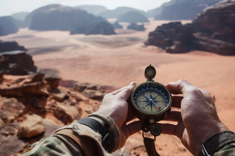 Hand Holding Compass on the Side of a Rock Face in a Desert Stock ...