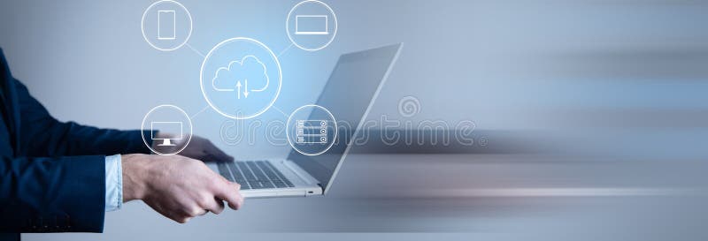 Hand Holding Computer with Cloud Network Technology Concept Stock Photo ...