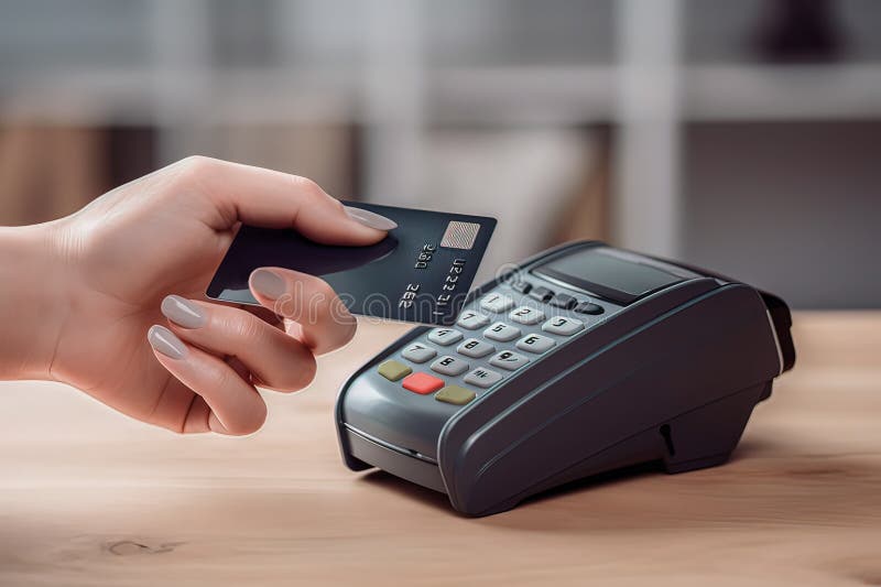 A Hand Holding a Credit Card in Front of a Digital Payment Terminal ...