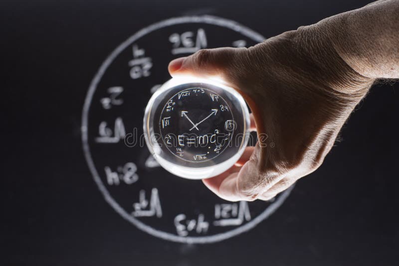 Hand Holding Crystal Ball Front Blackboard Mathematical Clock Stock ...