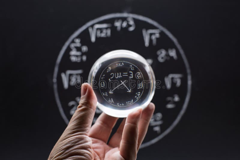 Hand Holding Crystal Ball Front Blackboard Mathematical Clock Stock ...