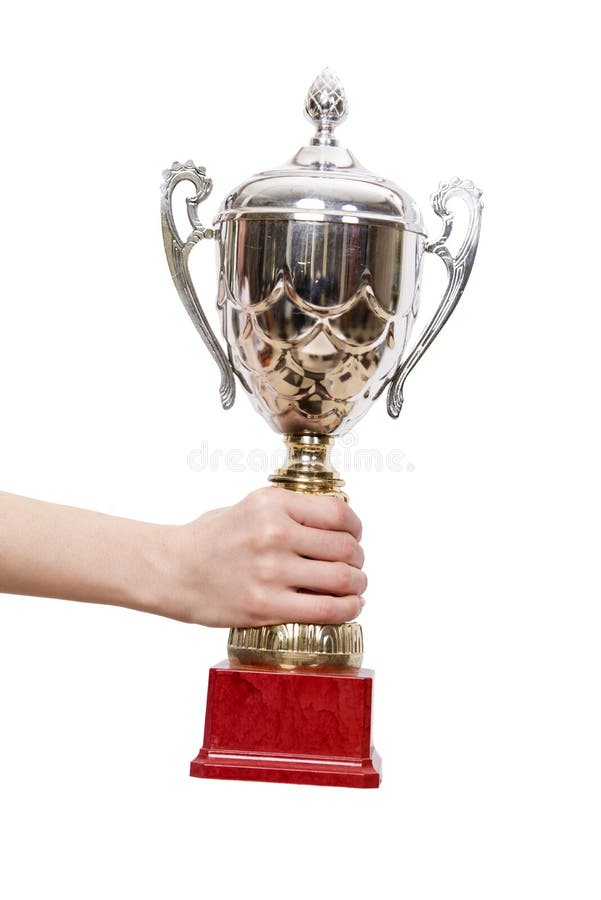 The Hand Holding Cup Trophy Isolated on White Stock Photo - Image of ...