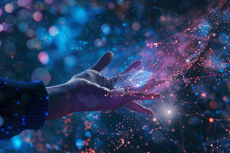 Hand Holding 3D Mesh Object with Connection Points, Glowing Network and ...