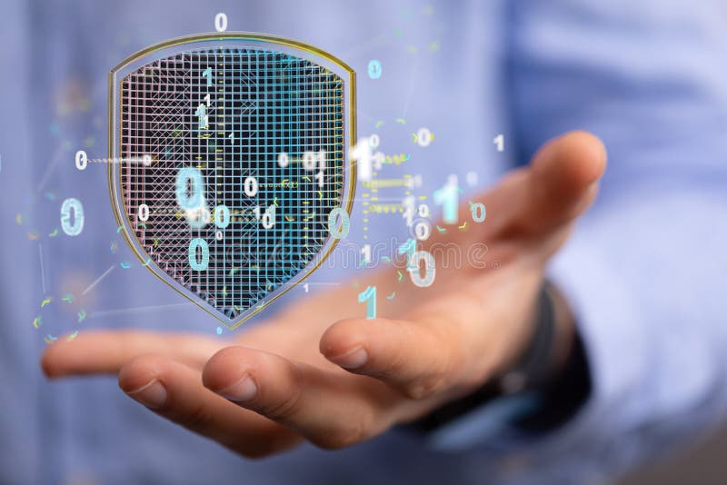 Hand Holding a 3D Rendered Hologram of a Shield with Binary Numbers ...