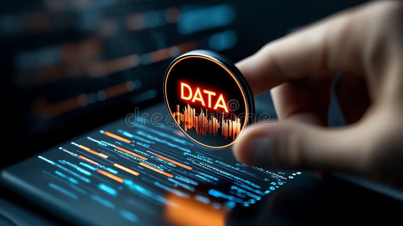 Hand Holding a Data Coin Above a Screen with Glowing Data Visualization ...