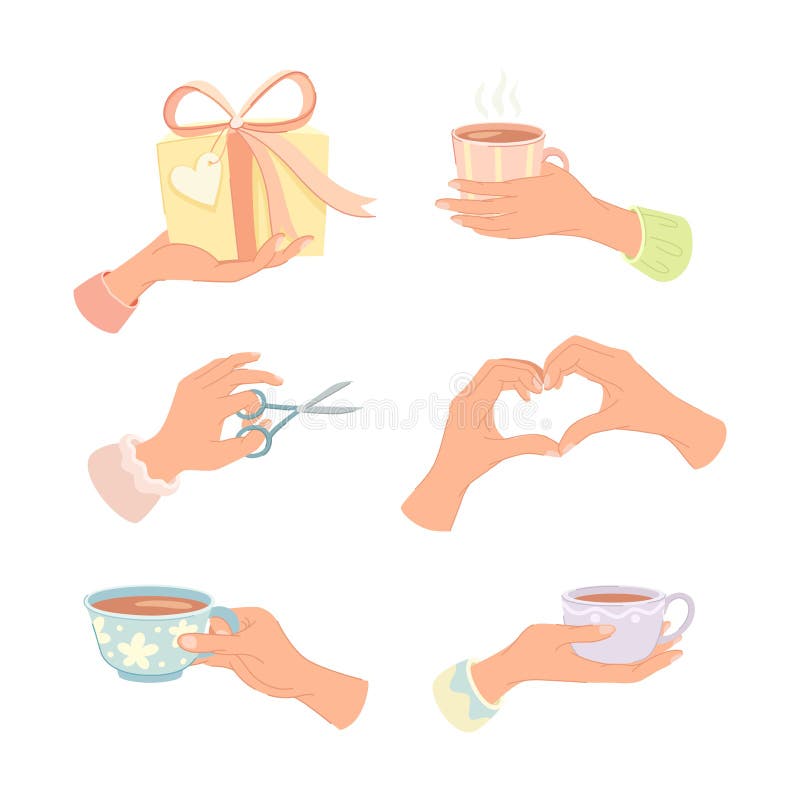 Hand Holding Different Objects Like Gift Box, Cup, Pair of Scissors and ...